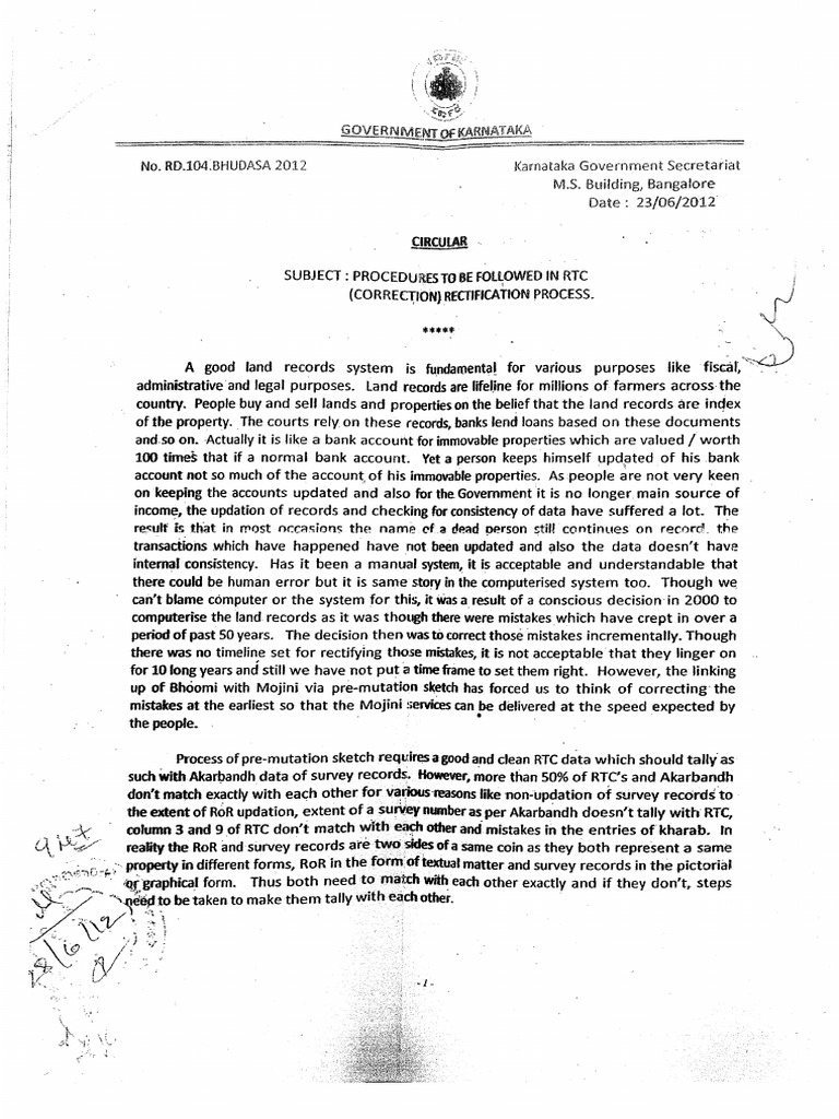 Circular Procedure To Be Followed in RTC Correction-Rectification Process | PDF