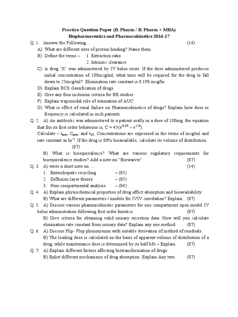 Practice Question Paper BPPK | PDF | Pharmacokinetics | Pharmacology