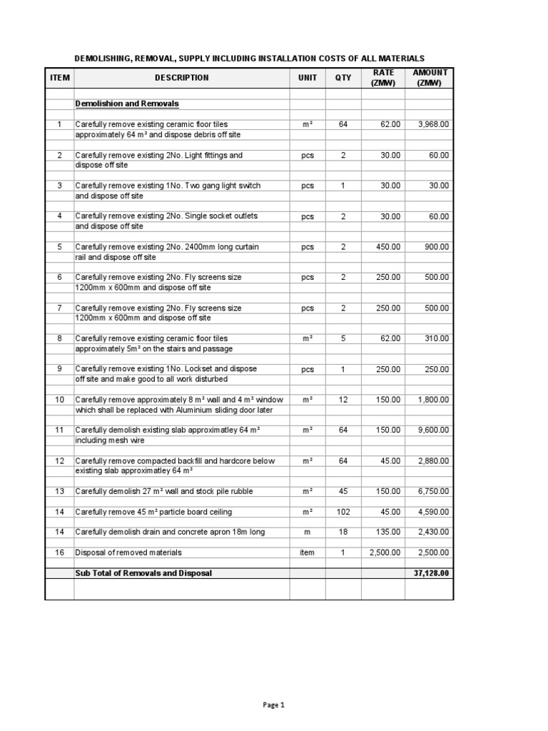 Demolish and Extension BoQ - Supply and Installation - 141019 | PDF ...