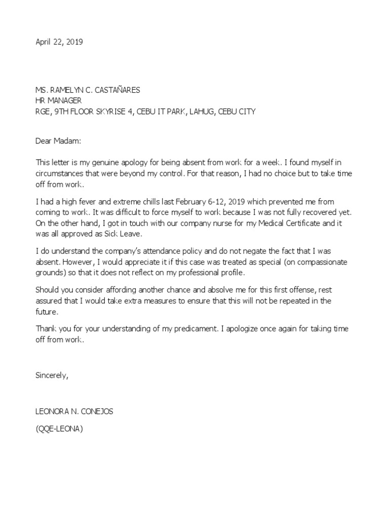 Apology for Absence Due to Illness | PDF