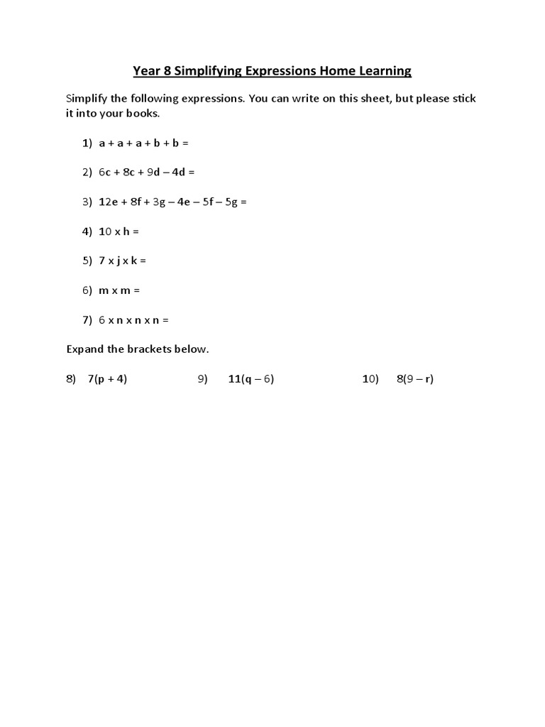 Year 8 Simplifying Expressions Home Learning Pdf