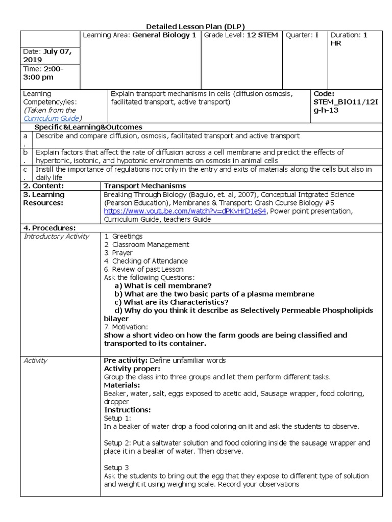 Cell Membrane Sample Lesson Plan For Grade 12 | PDF | Osmosis | Cell ...