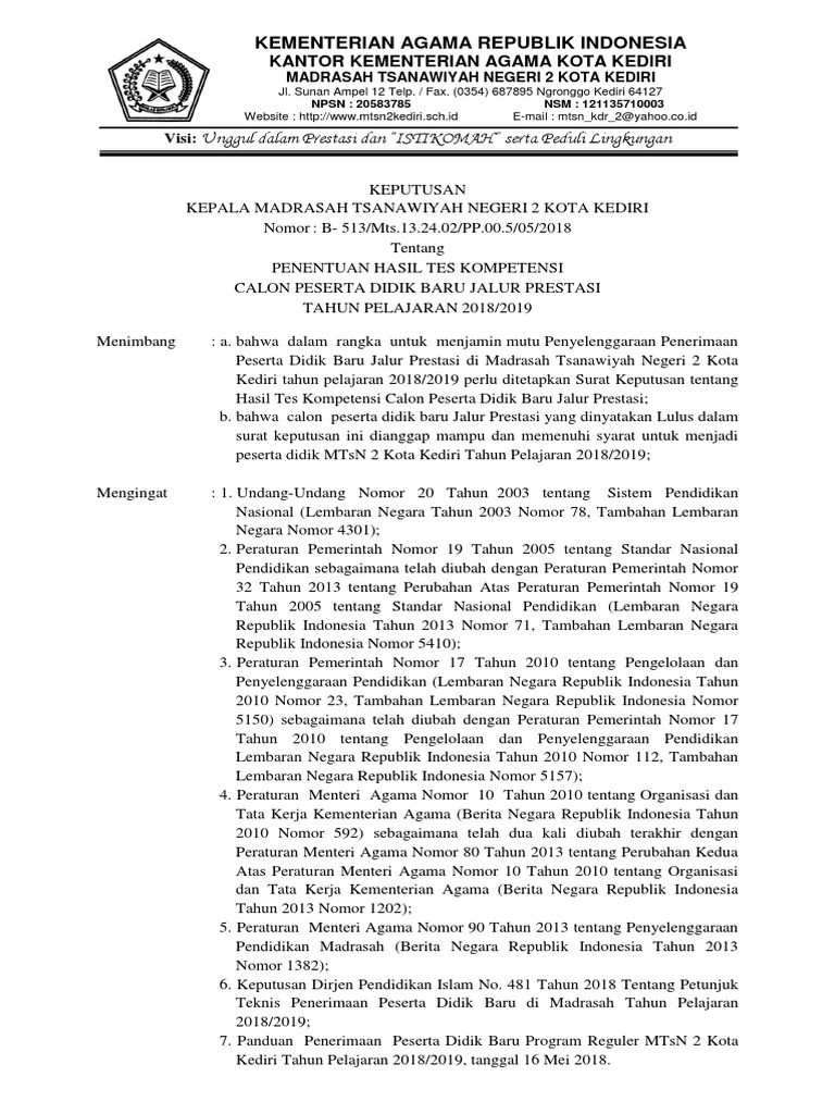 SK Hasil PPDB Prestasi 1819 PDF | PDF