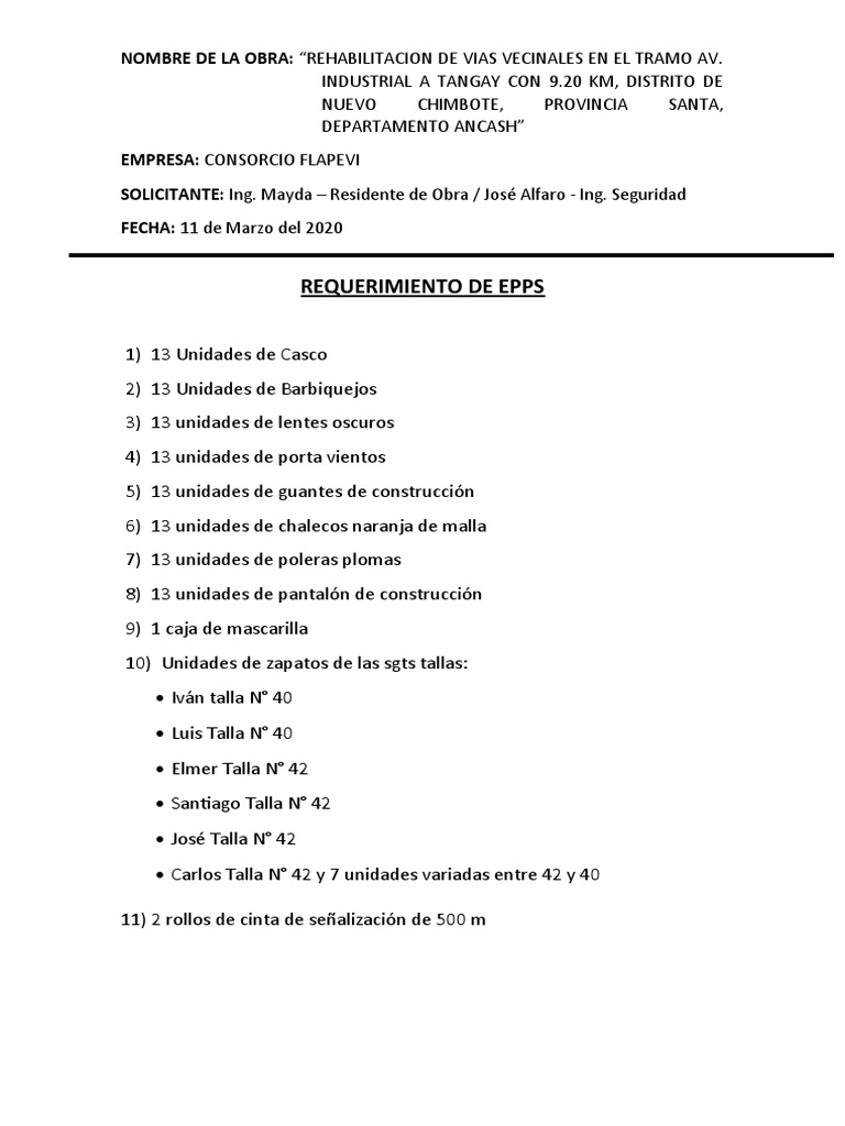 Requerimiento de Epps - Jose Seguridad | PDF | Transporte
