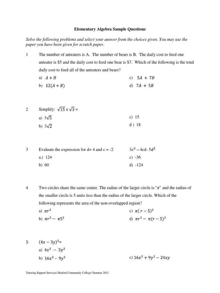 Elementary Algebra Sample Questions PDF | PDF | Mathematical Concepts | Elementary Mathematics