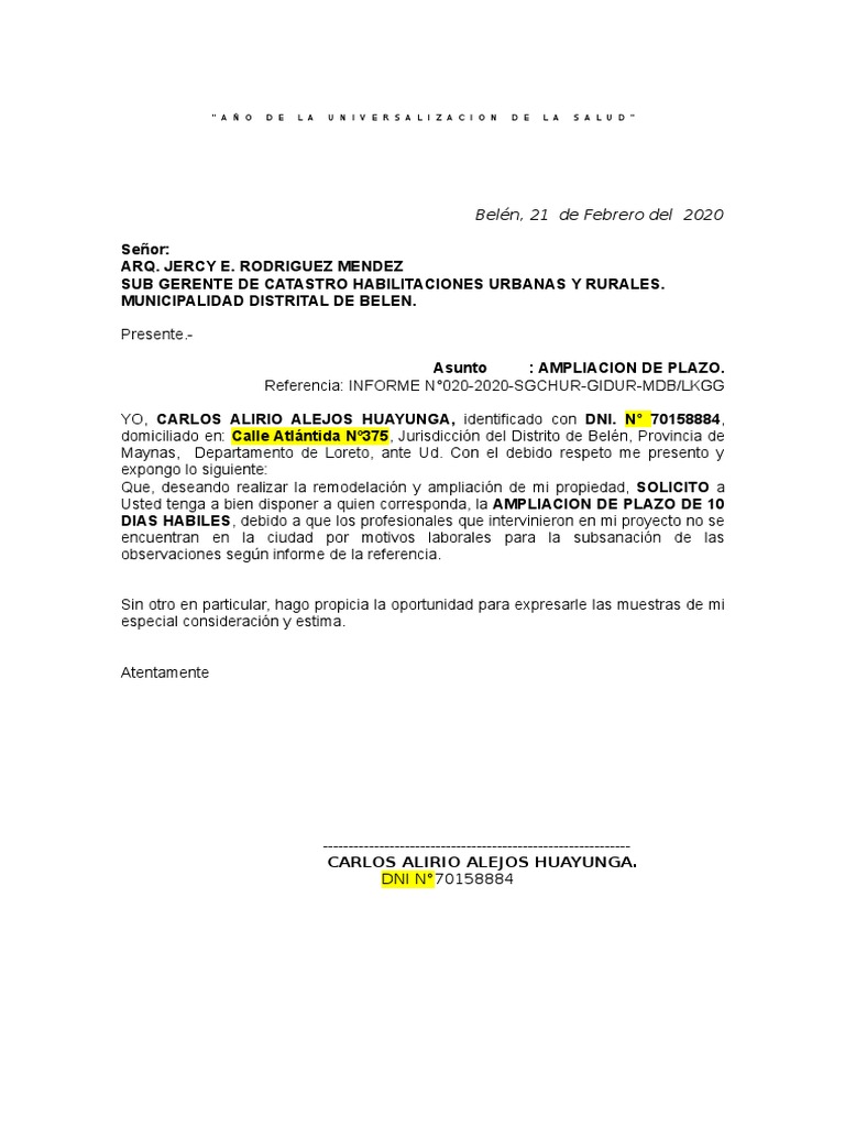 SOLICITUD Ampliacion de Plazo para Licencia de Construcción | PDF