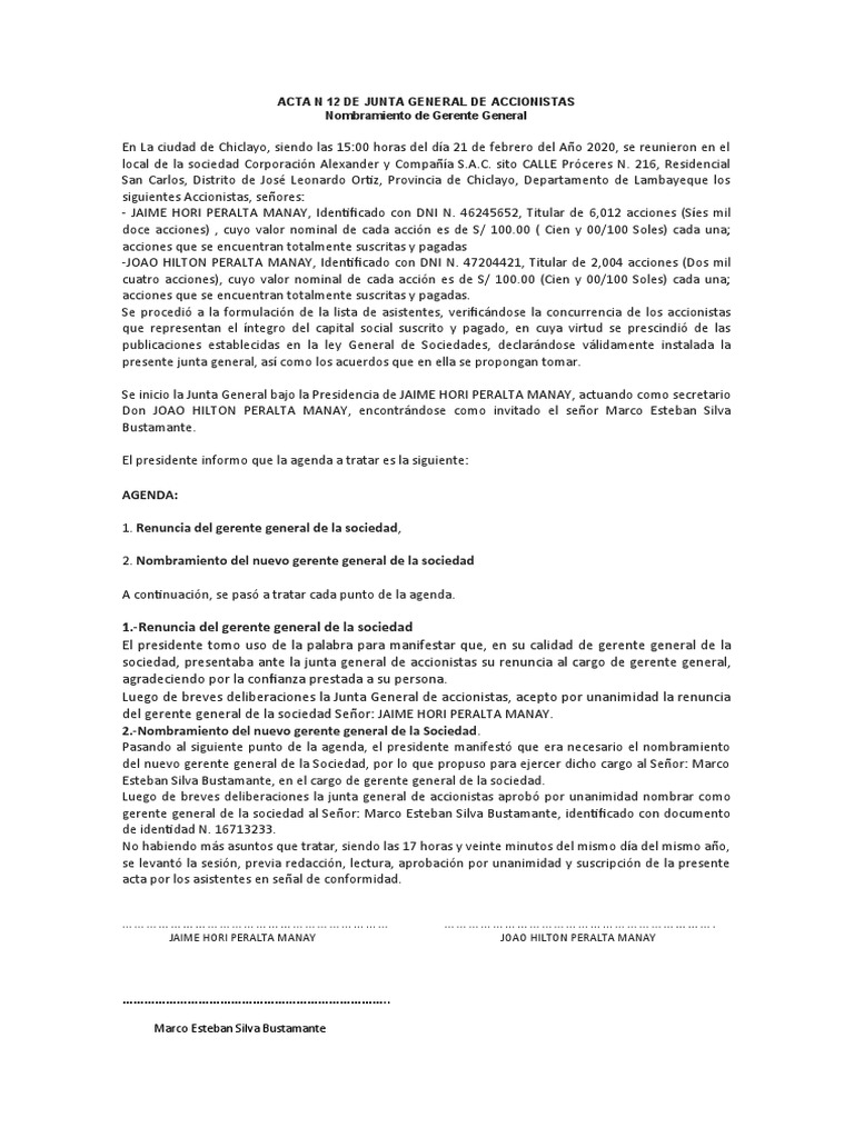 Acta N 12 de Junta General de Accionistas Nombramiento de Nuevo Gerente General Corporacion ...