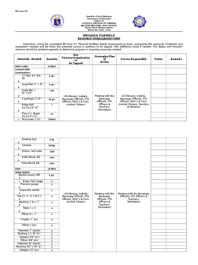 BE Form 3 - RESOURCE MOBILIZATION FORM | PDF | Building Engineering ...