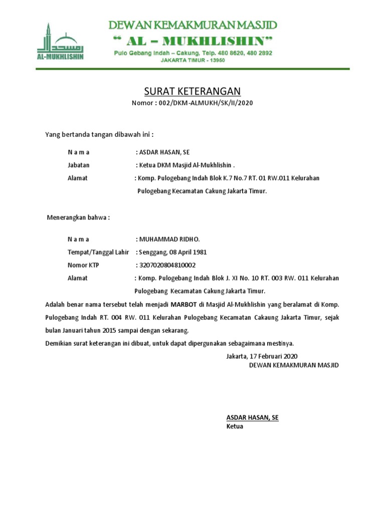 Surat Keterangan - Marbot-Ridho | PDF