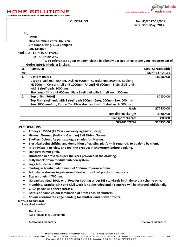 Godrej Interio Modular Kitchen Quote | PDF | Taxes | Government