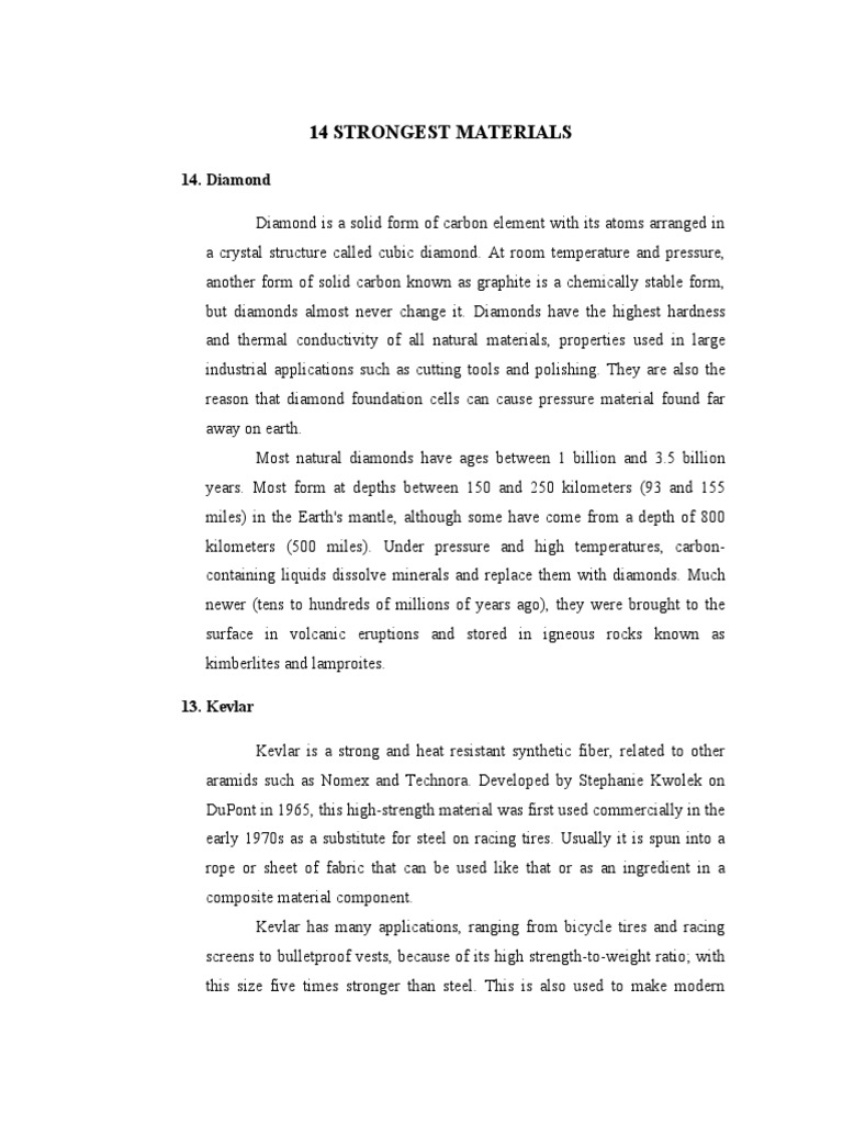 14 Strongest Materials | PDF | Diamond | Metals