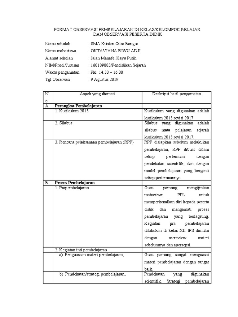 Format Observasi Pembelajaran Di Kelas | PDF