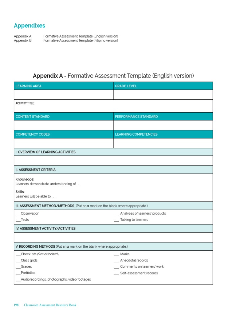 Formative Classroom Assessment Template PDF | PDF