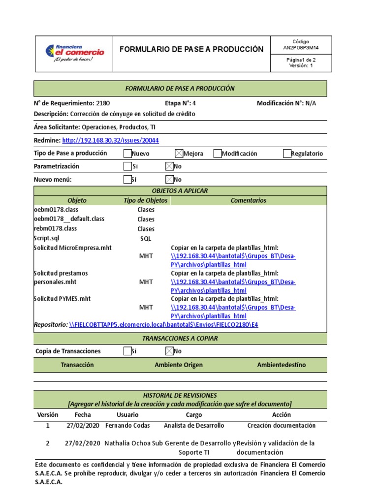 Formulario de Pase a Producción | PDF | Informática | Software
