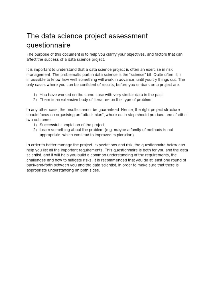 Data Science Project Assessment Questionnaire | PDF | Risk | Science