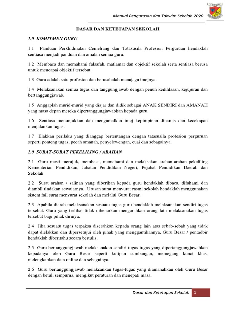 Panduan Dasar dan Ketetapan Sekolah 2020 | PDF