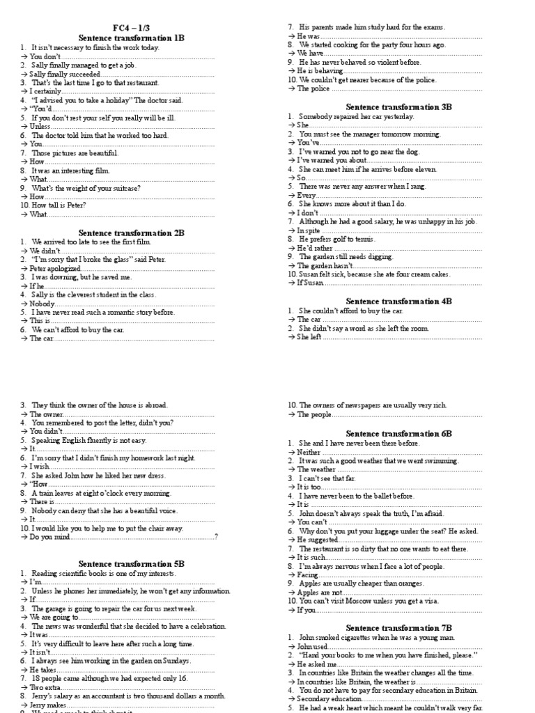 Sentence Transformation With Key - FC4 - 1-3 | PDF