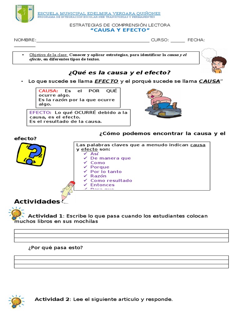 Guia Causa y Efecto ESTRATEGIA COMPRENSION LECTORA | PDF