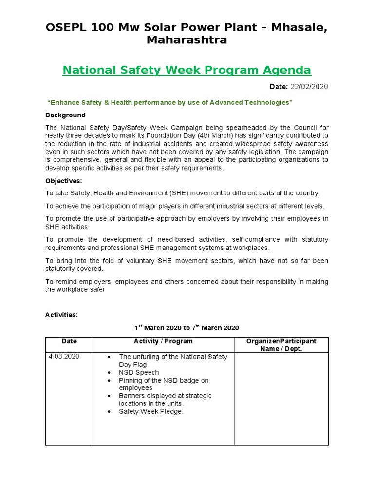 National Safety Week Program Agenda | PDF | Nature | Business