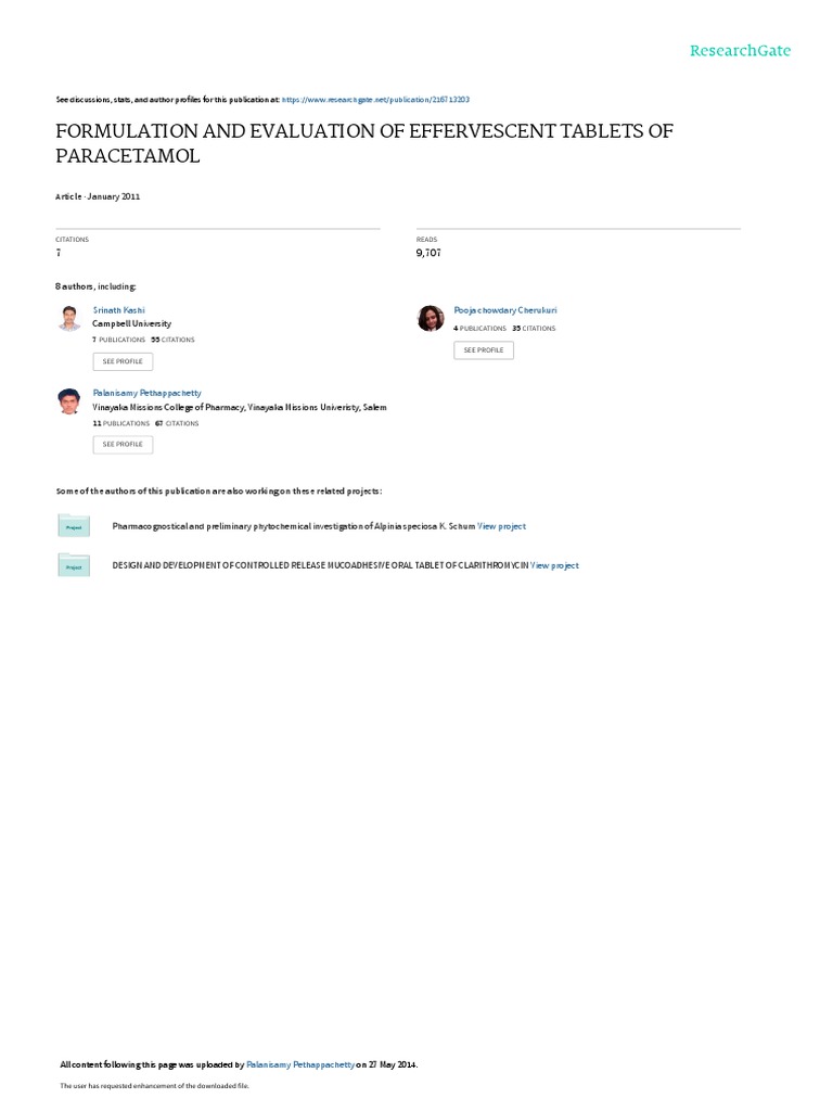 Formulation and Evaluation of Effervescent Tablets of Paracetamol | PDF ...