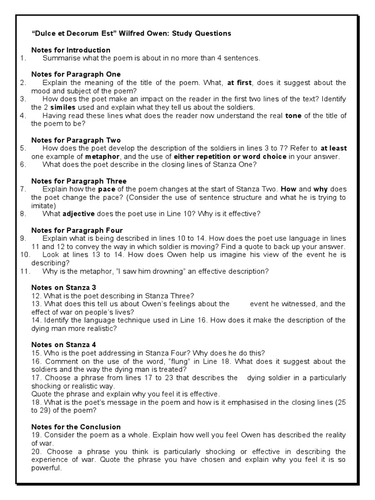 Dulce et Decorum Est: Study Guide | PDF | Poetry | Cognition
