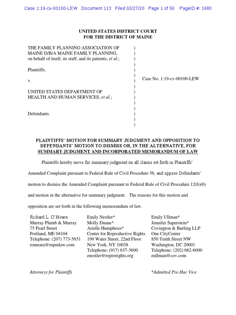 Maine Family Planning vs. HHS: Summary Judgment Motion | PDF | Summary ...
