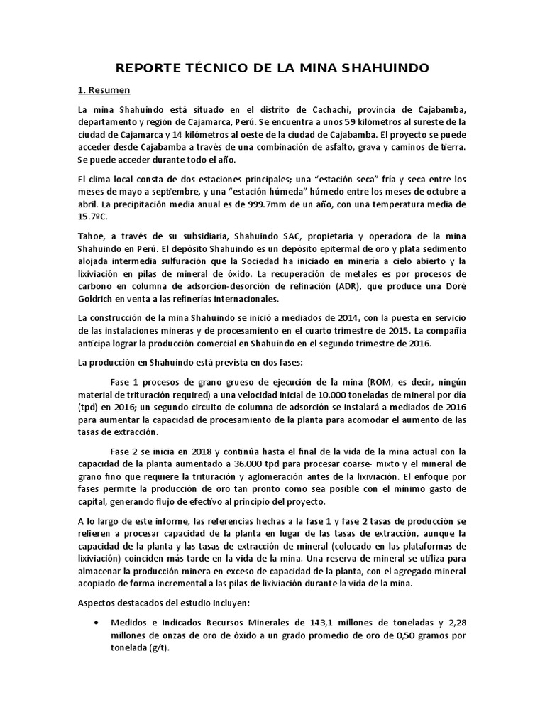 Reporte Técnico de La Mina Shahuindo | PDF | Minería | Evaluación de impacto ambiental
