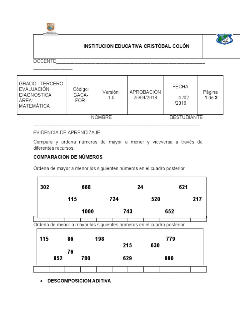 Prueba Diagnostica de Matematicas, Grado Tercero | PDF
