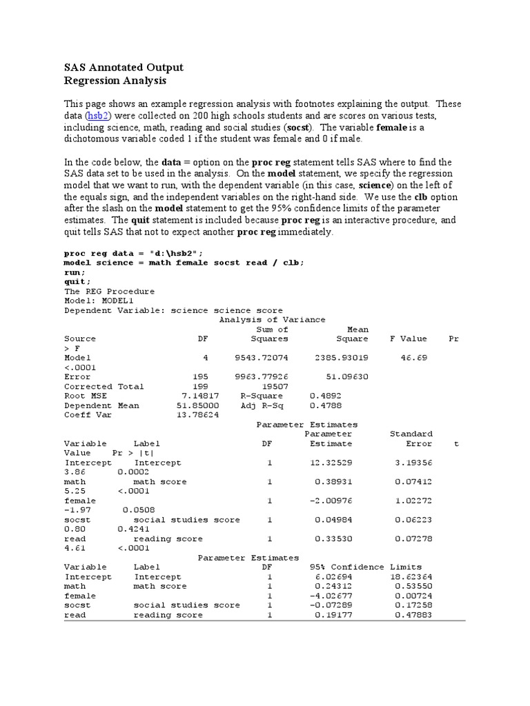 SAS Annotated Output Regression Analysis | PDF | Errors And Residuals | P Value