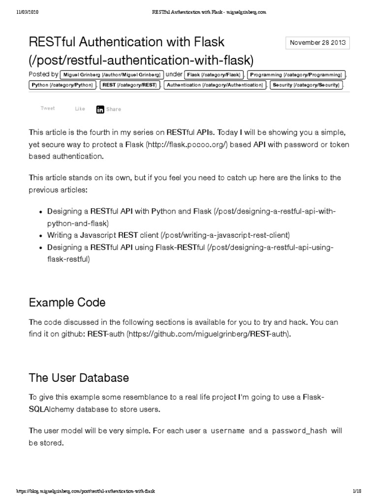 RESTful Authentication With Flask | PDF | Password | Hypertext Transfer Protocol