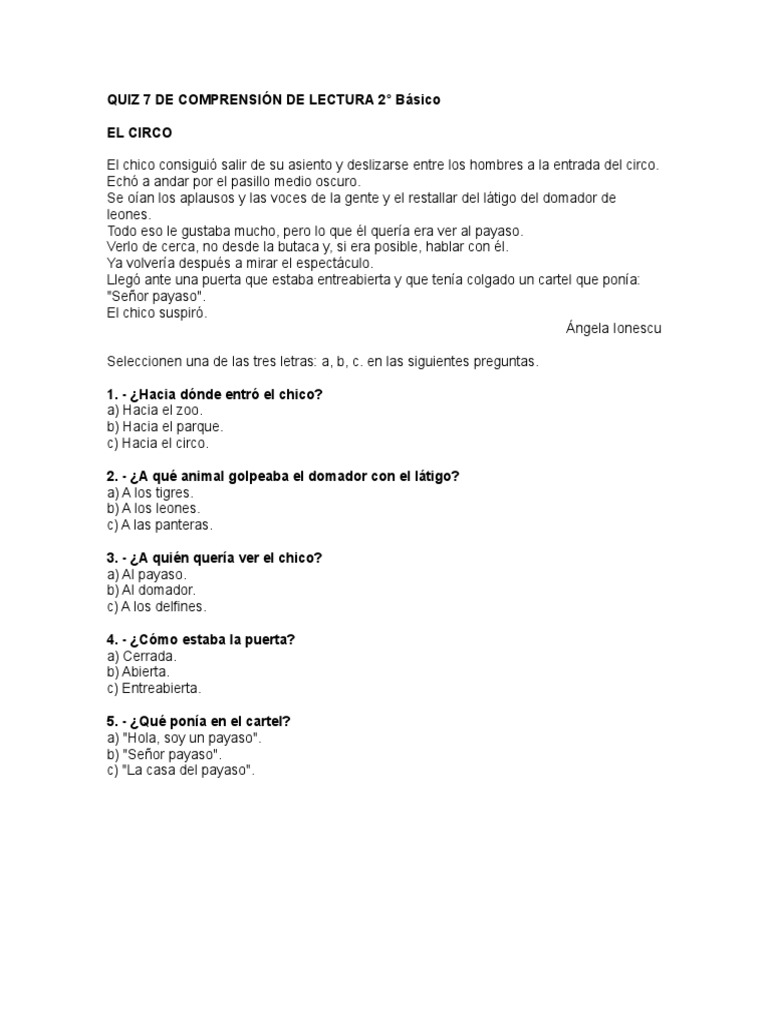 QUIZ 7 & 8 DE COMPRENSIÓN DE LECTURA 2° Básico | PDF