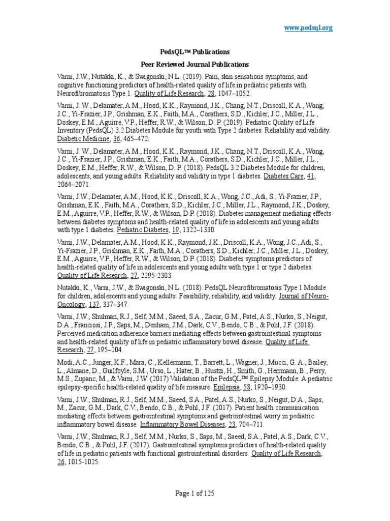 PedsQL Publications | PDF | Chronic Fatigue Syndrome | Autism