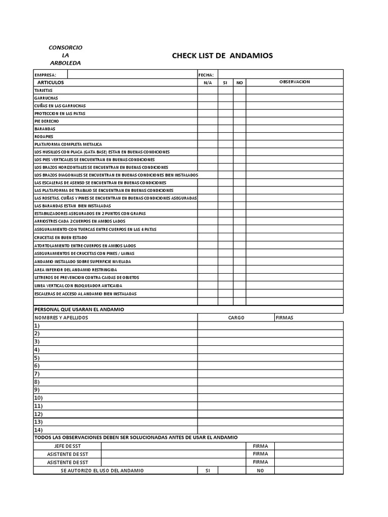 Check List Andamios - IMPRIMIR PDF | PDF
