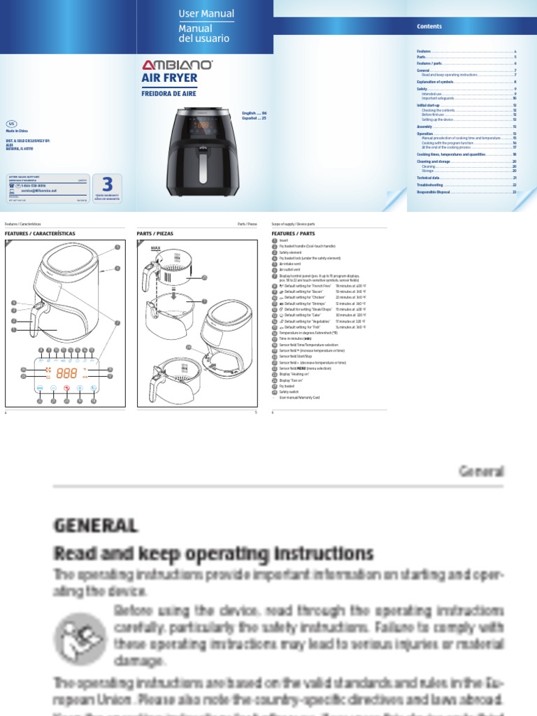 Ambiano Air Fryer User Manual | PDF | French Fries | Ac Power Plugs And ...