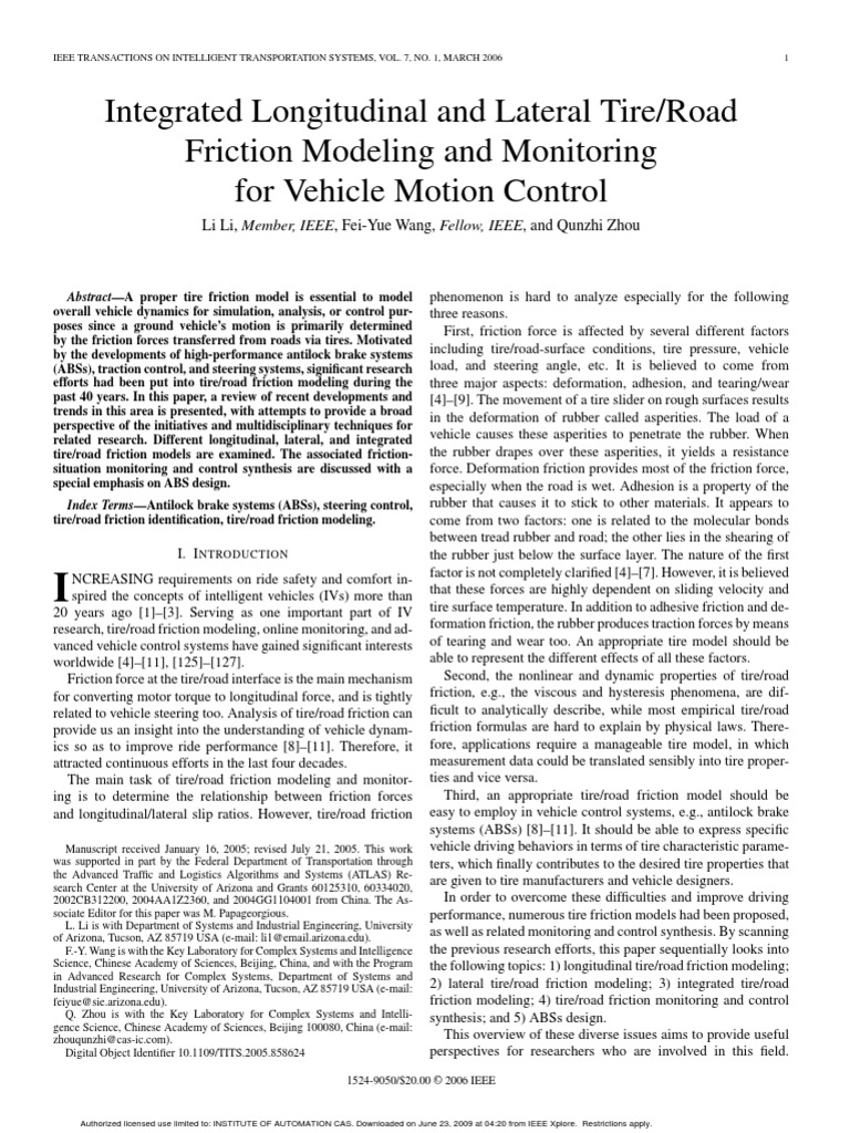 Integrated Longitudinal and Lateral Tire Road Friction Modeling and Monitoring For Vehicle ...
