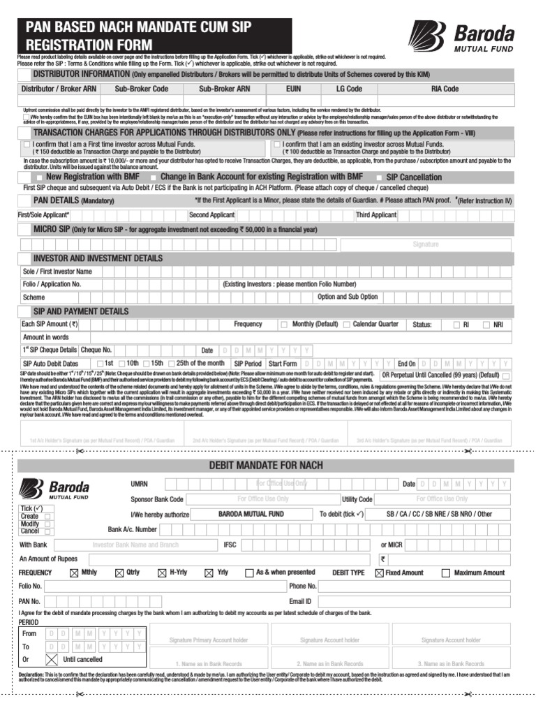 Registration Form for PAN Based NACH Mandate and SIP with Key Details on SIP Terms and ...