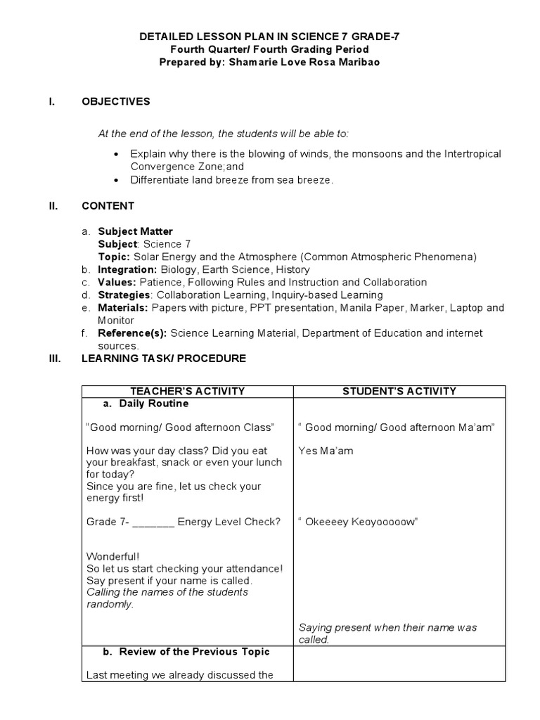 Detailed Lesson Plan in Science 7 Grade | PDF | Monsoon | Greenhouse Effect