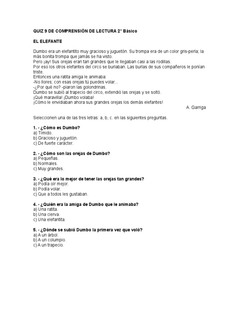 Quiz de Comprensión Lectora 2° Básico | PDF | Violencia