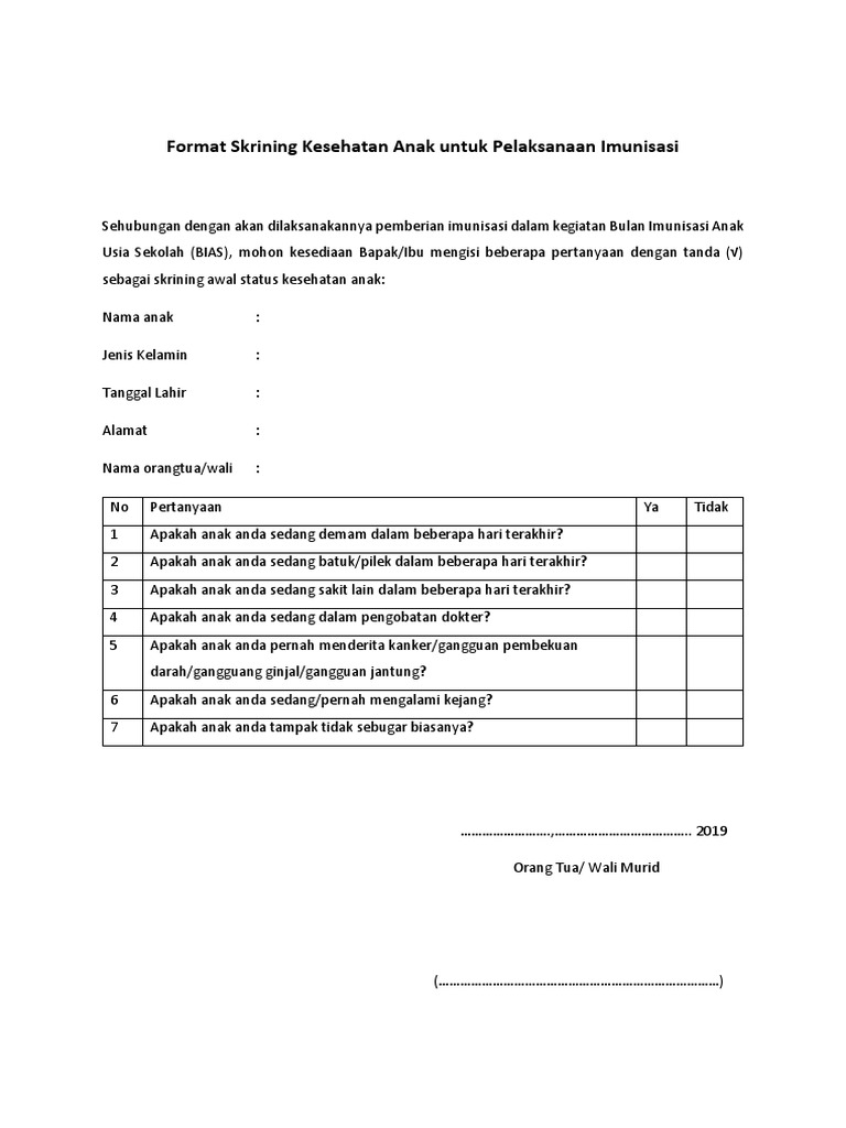 Format Skrining Kesehatan Anak Untuk Pelaksanaan Imunisasi | PDF Format Skrining Kesehatan Anak Untuk Pelaksanaan Imunisasi | PDF