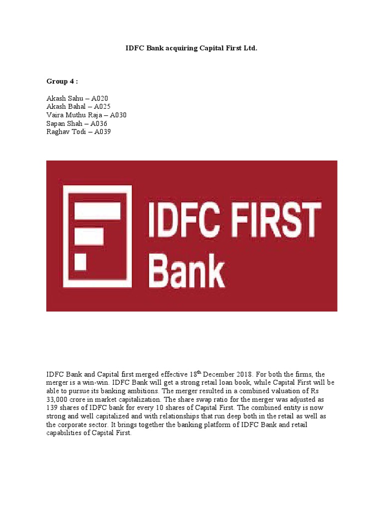 IDFC Bank Acquiring Capital First LTD | PDF | Mergers And Acquisitions ...