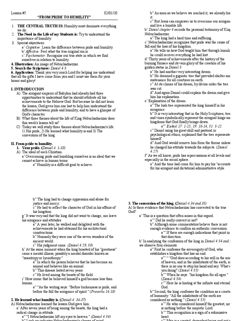 Lec 5 020120 From Pride To Humility | PDF | Humility | Book Of Daniel