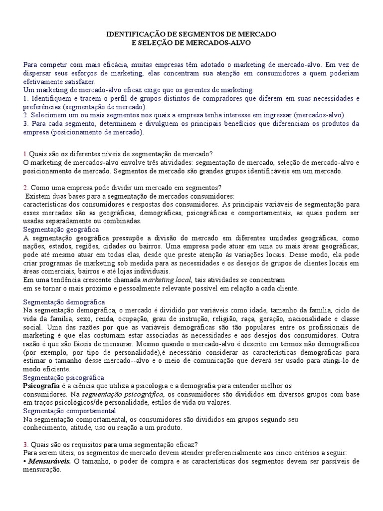 Identificação De Segmentos De Mercado E Seleção De Mercados Download