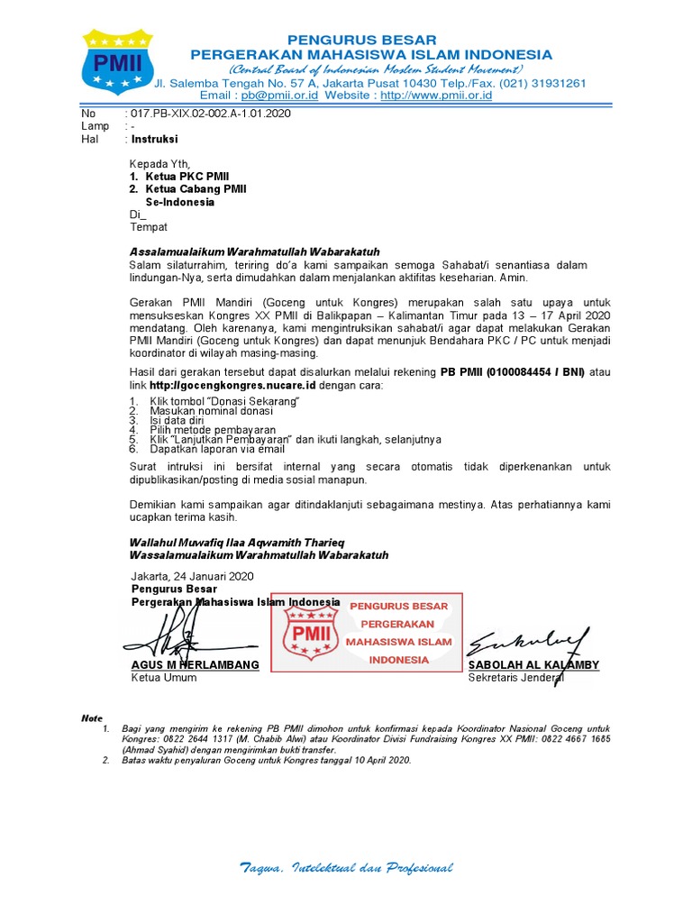 Surat Intruksi PB PMII - Goceng Untuk Kongres | PDF