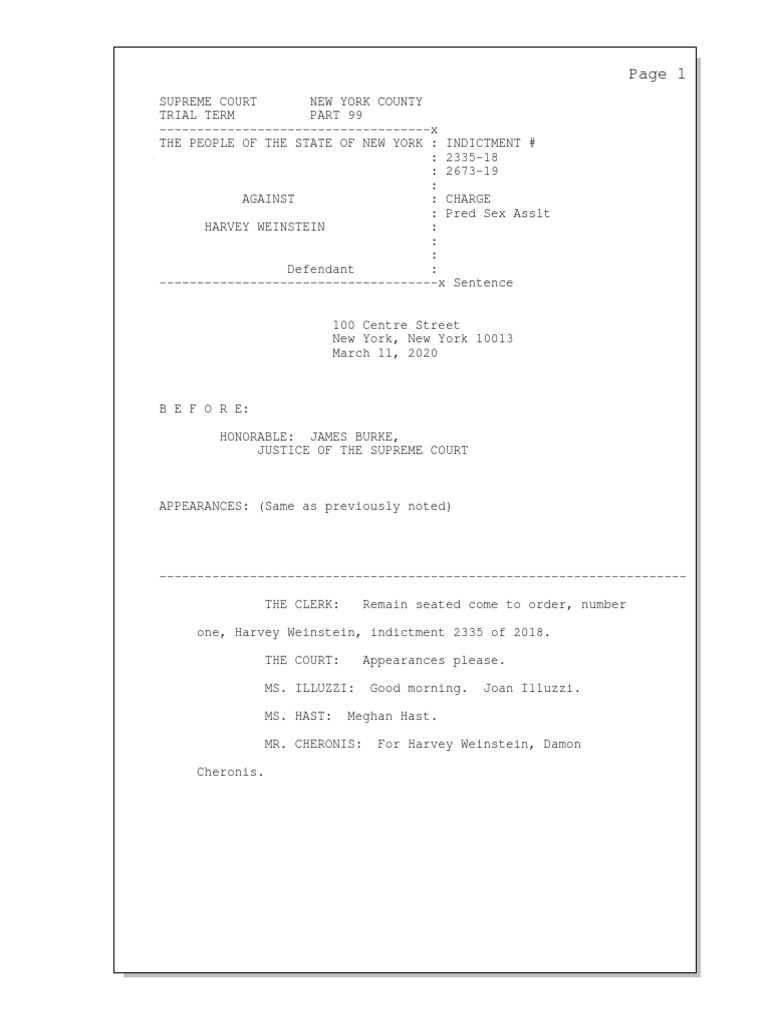 Weinstein Sentencing Transcript | Download Free PDF | Judge | Rape