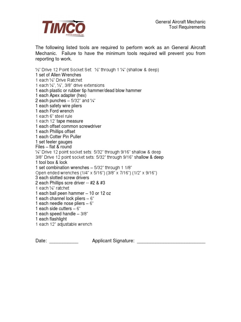 TOOL LISTS - General Aircraft Mechanic | PDF