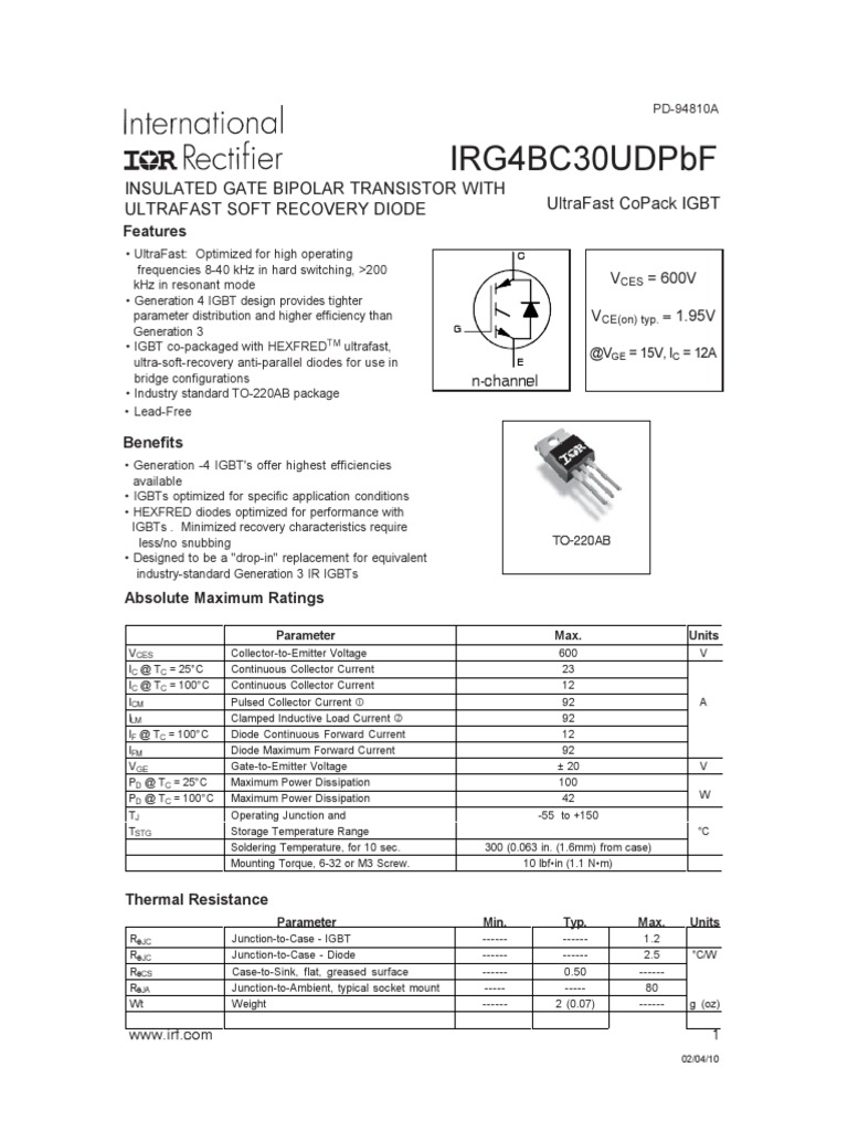 Infineon IRG4BC30UD DataSheet v01 - 00 EN | PDF | Diode | Field Effect Transistor