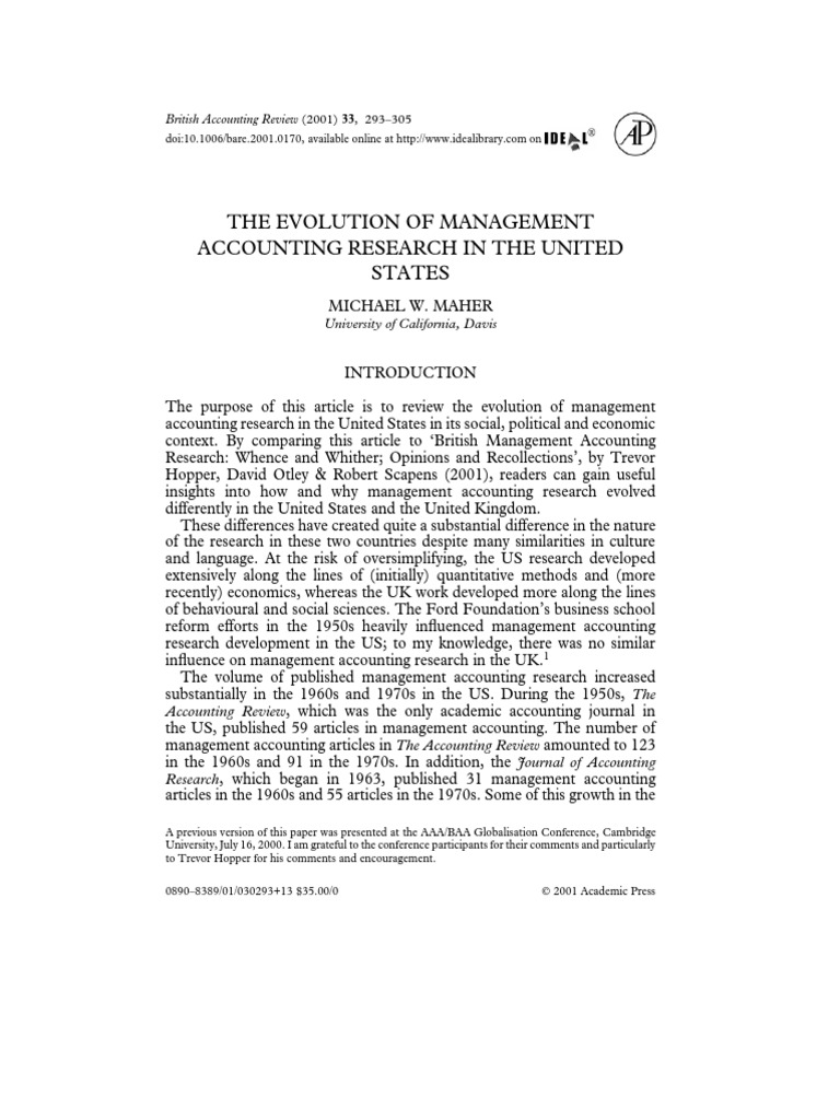 The Evolution of Management Accounting Research in The United States ...