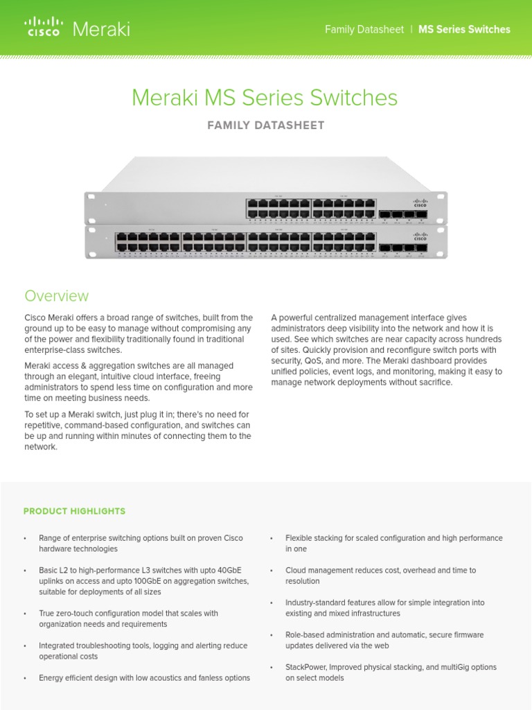 Meraki Datasheet Ms Family | PDF | Network Switch | Computer Network