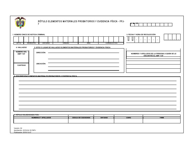 Rótulo Elementos Materiales Probatorios y Evidencia Física - FPJ - 7 | PDF