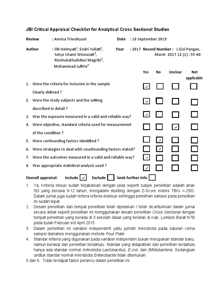 JBI Critical Appraisal Checklist For Analytical Cross Sectional Studies ... JBI Critical Appraisal Checklist For Analytical Cross Sectional Studies ...